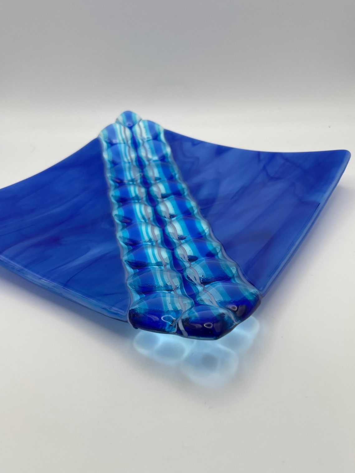 Handmade Fused Glass Optics Plate: Teal, Blue, Light Blue, White and ...