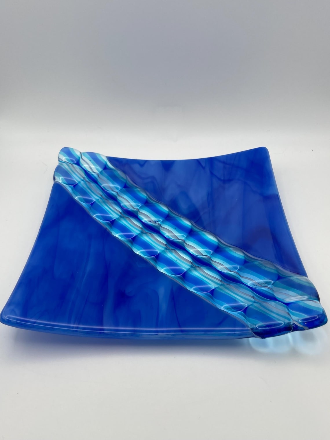 Handmade Fused Glass Optics Plate: Teal, Blue, Light Blue, White and ...