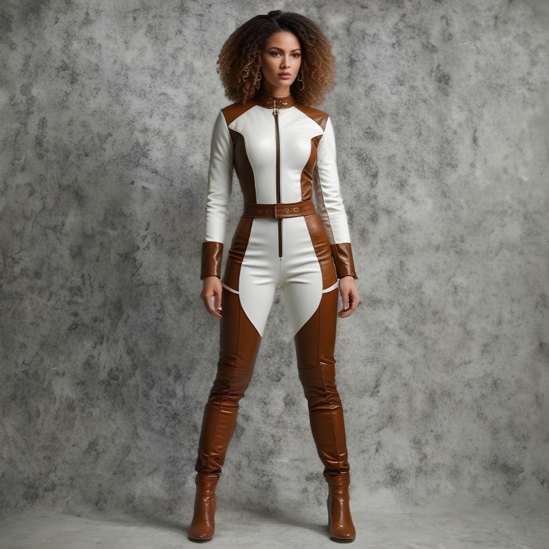 Genuine Leather Catsuit Color Block Biker Cosplay Jumpsuit Bodysuit ...