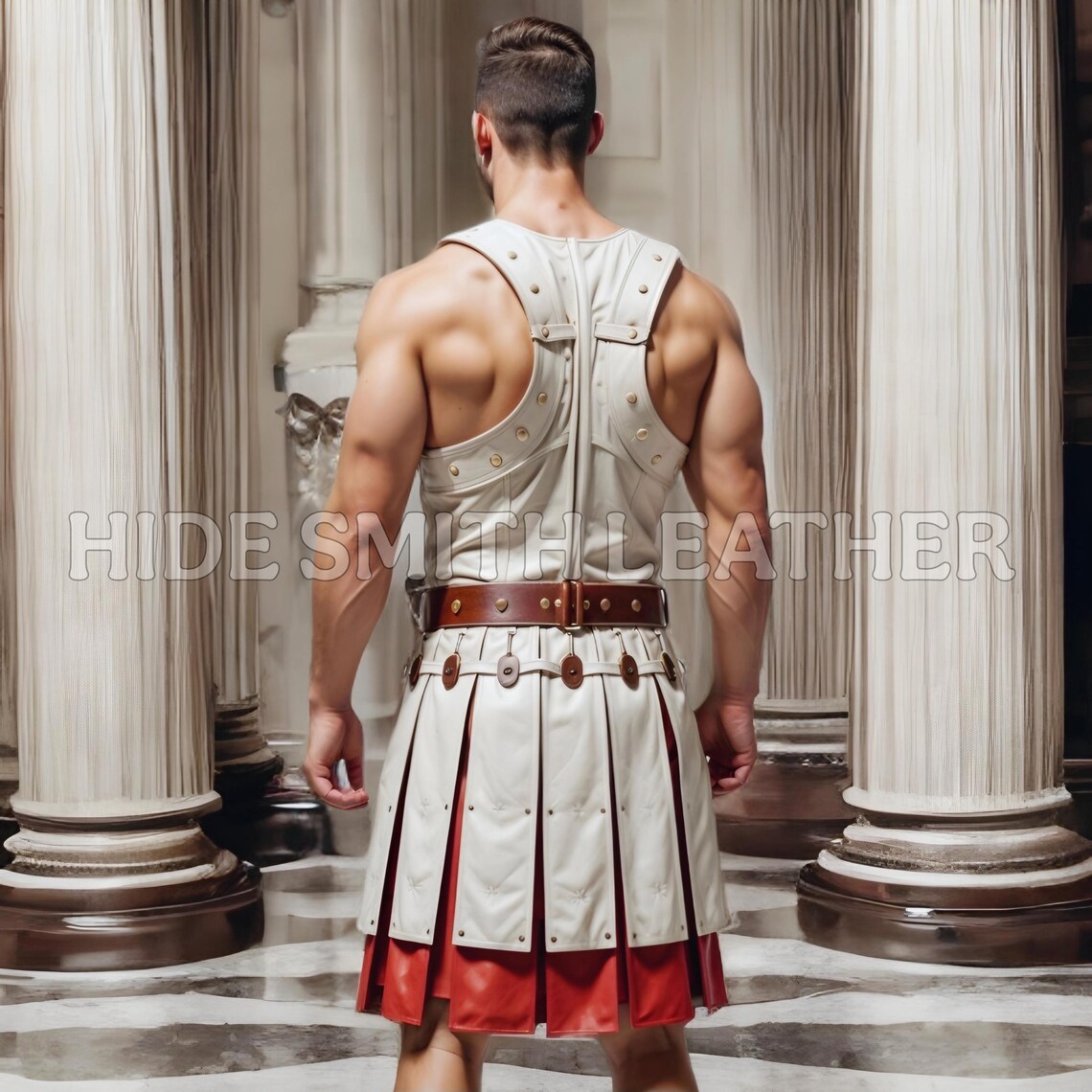 Gladiator Men's Leather Armor and Kilt | Genuine White and Red Leather ...