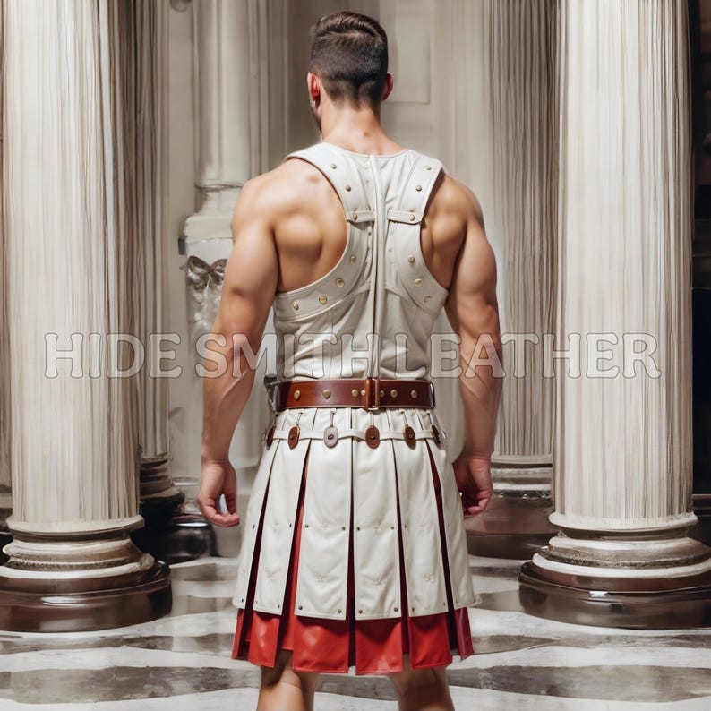 Gladiator Men's Leather Armor and Kilt | Genuine White and Red Leather ...