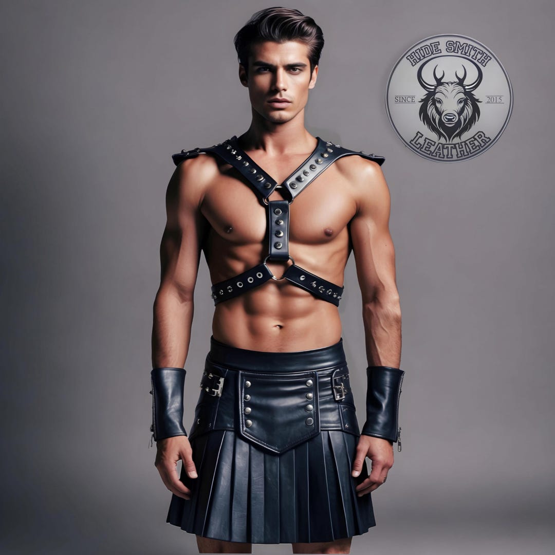 VIP Genuine Black Leather Cosplay Costume Kilt With Chest Harness for ...