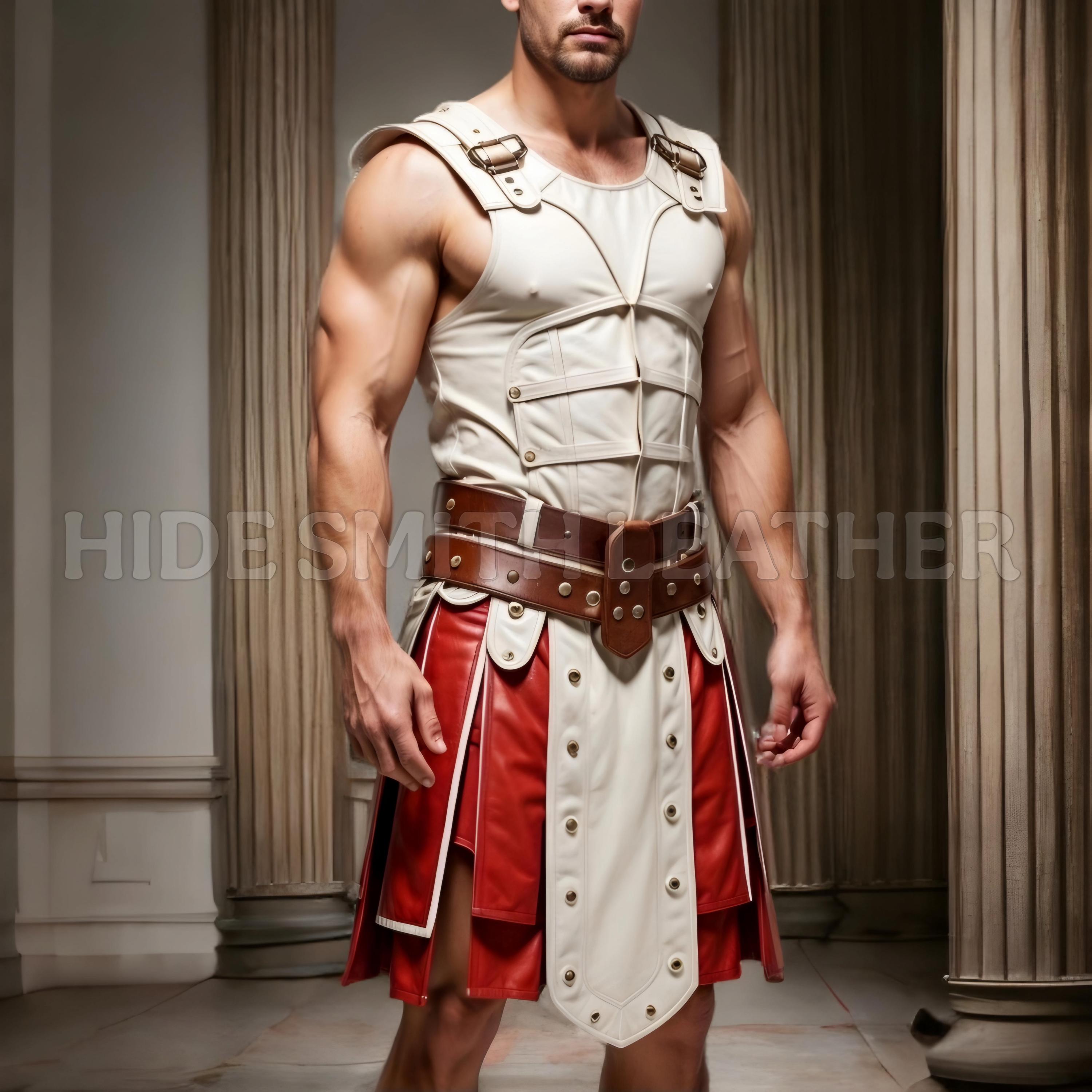 Gladiator Men's Leather Armor and Kilt | Genuine White and Red Leather ...