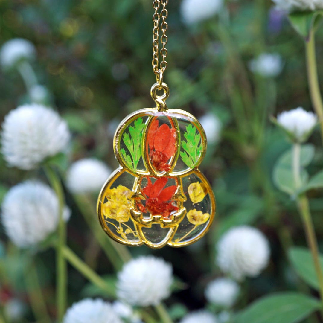 Stacked Pumpkin Necklace, Real Pressed Flowers, Pumpkin Pendant, Gold ...
