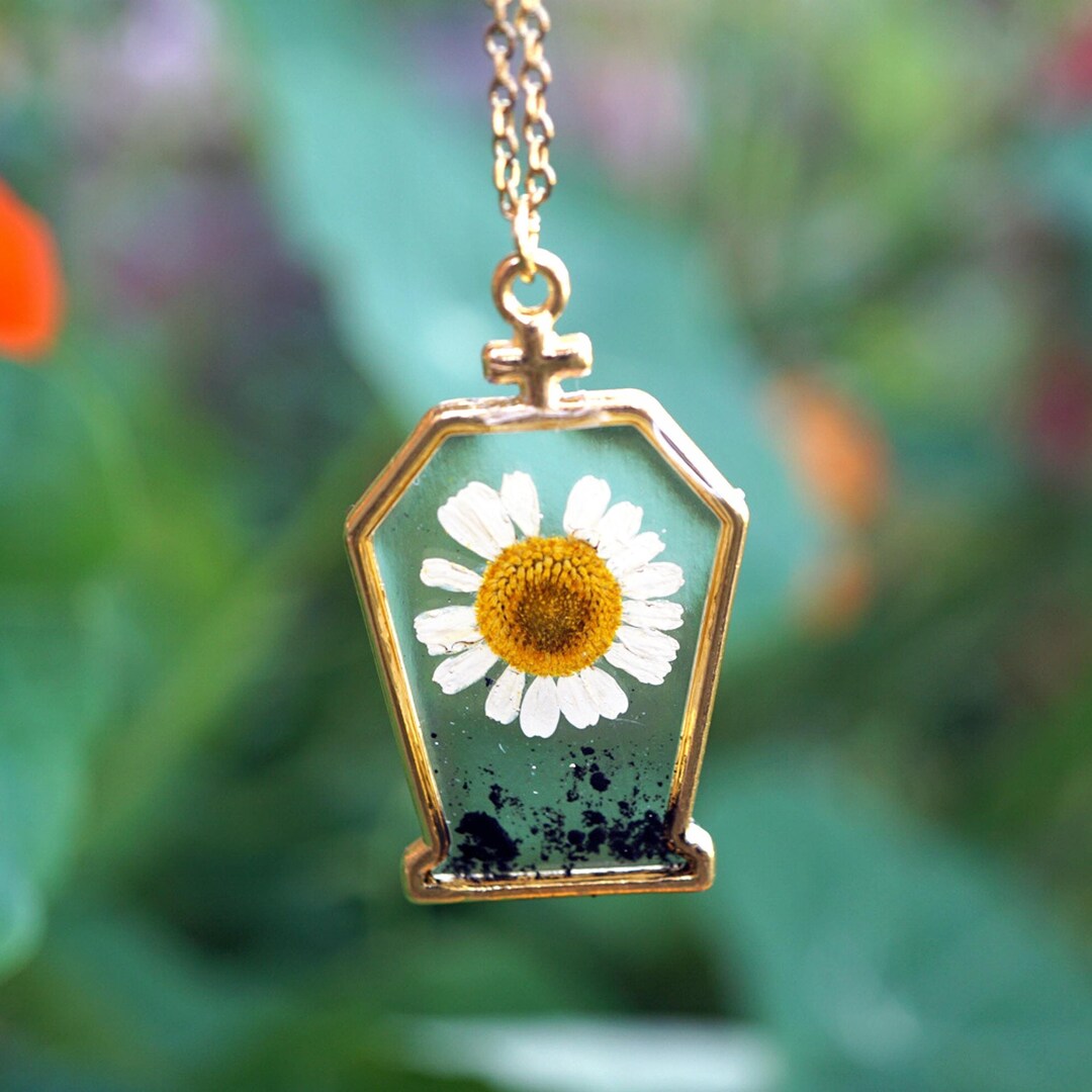 Daisy Coffin Botanical Necklace, Real Pressed Daisy, Resin Coffin, Gold ...