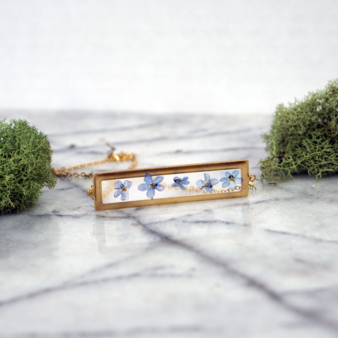 Forget Me Not Bar Necklace, Real Pressed Forget Me Nots, Gold Bar ...