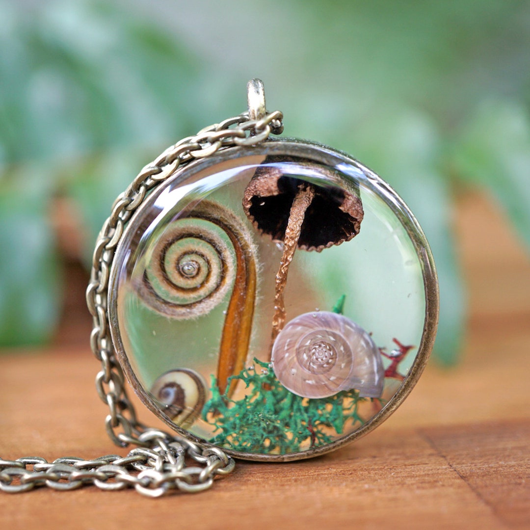 Real Mushroom and Snail Shell Necklace, Preserved Forest Necklace, Real ...