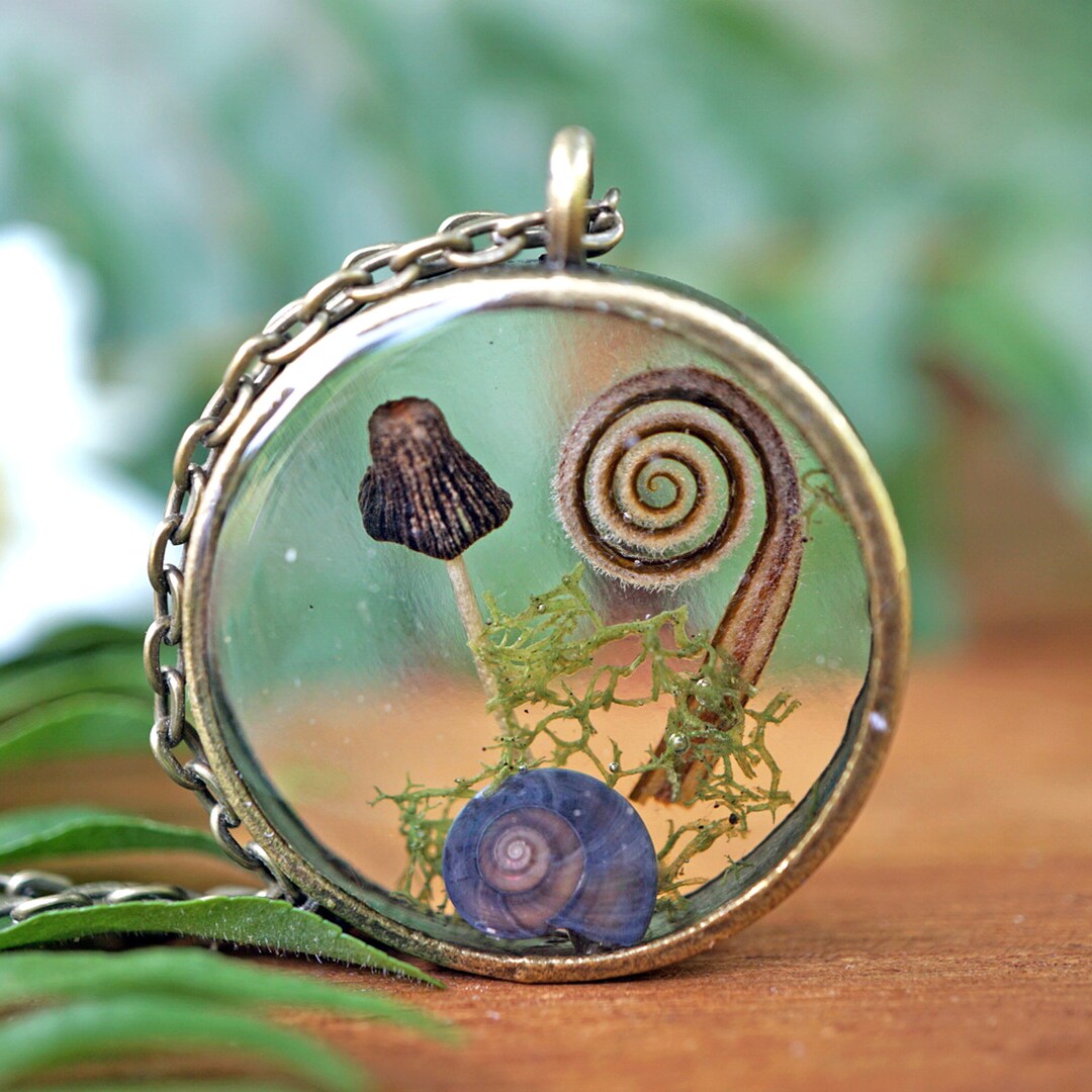 Real Mushroom and Snail Shell Necklace, Preserved Forest Necklace, Real ...
