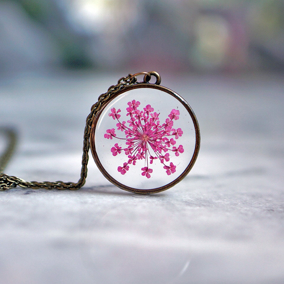Pink Queen Anne's Lace Necklace, Real Flower Necklace, Pink Lace Flower ...