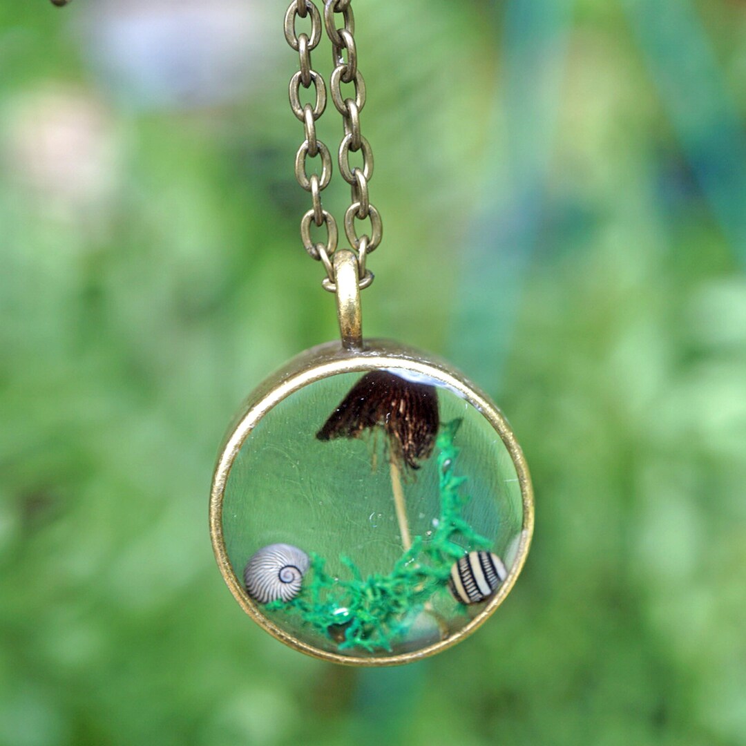Tiny Mushroom and Snail Shell Necklace, Preserved Forest Necklace, Real ...