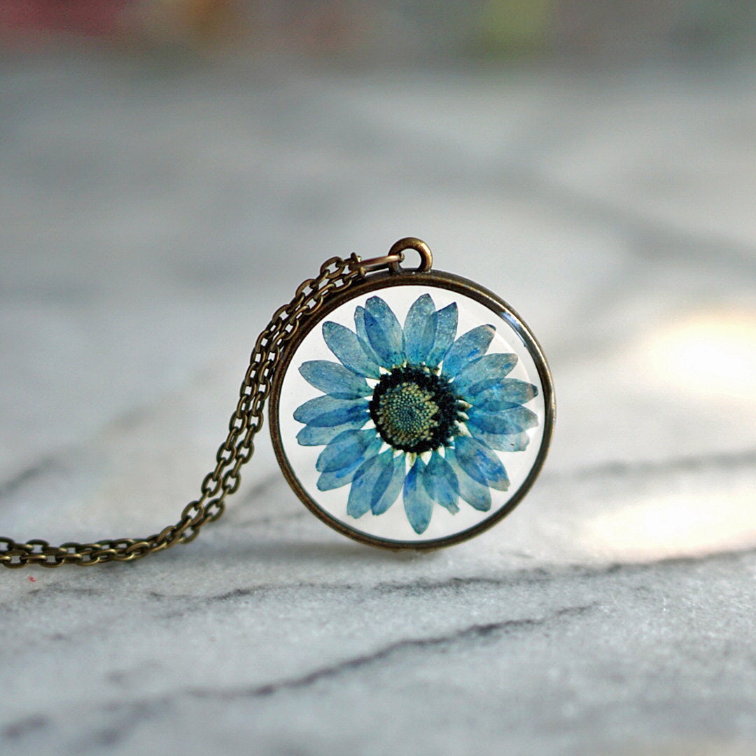 Blue Daisy Necklace Real Flower Necklace Blue Chrysanthemum | Etsy