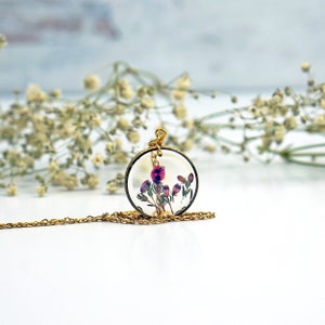 Real Heather Gold Circle Setting Necklace, Pressed Heather Flower ...
