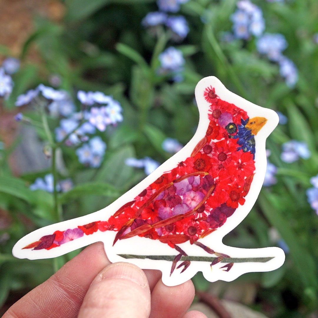 Red Cardinal Bird Sticker, Pressed Flower Sticker, Sticker Art, Bird ...