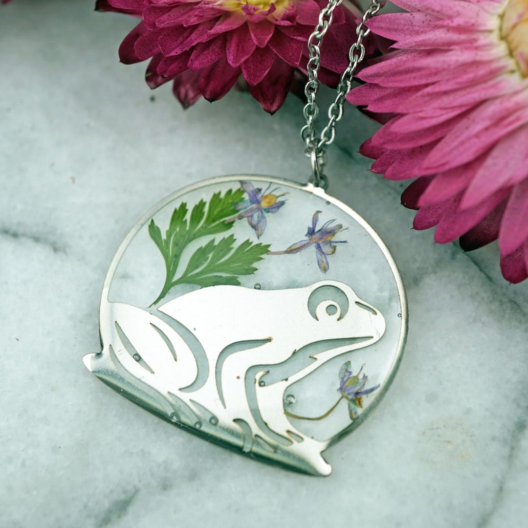 Frog in a Bog Floral Necklace, Stainless Steel Frog Necklace, Frog ...