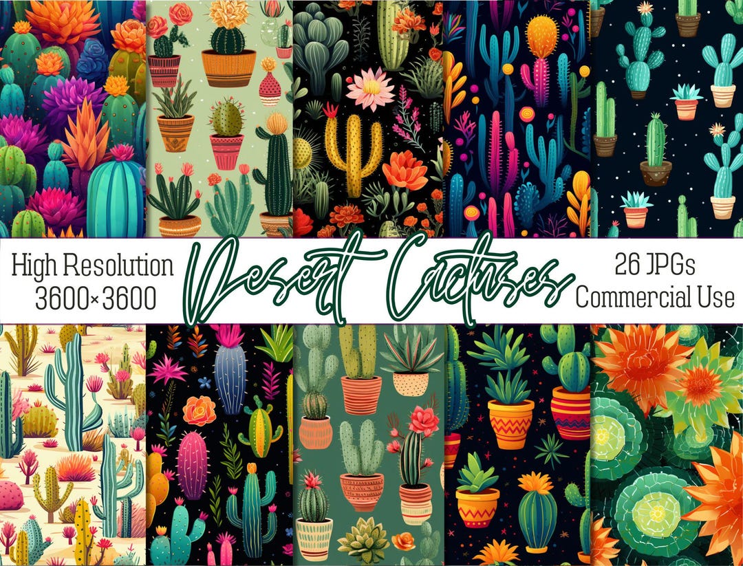 Desert Cactus Seamless Patterns | Southwestern Boho Cactus Backgrounds ...