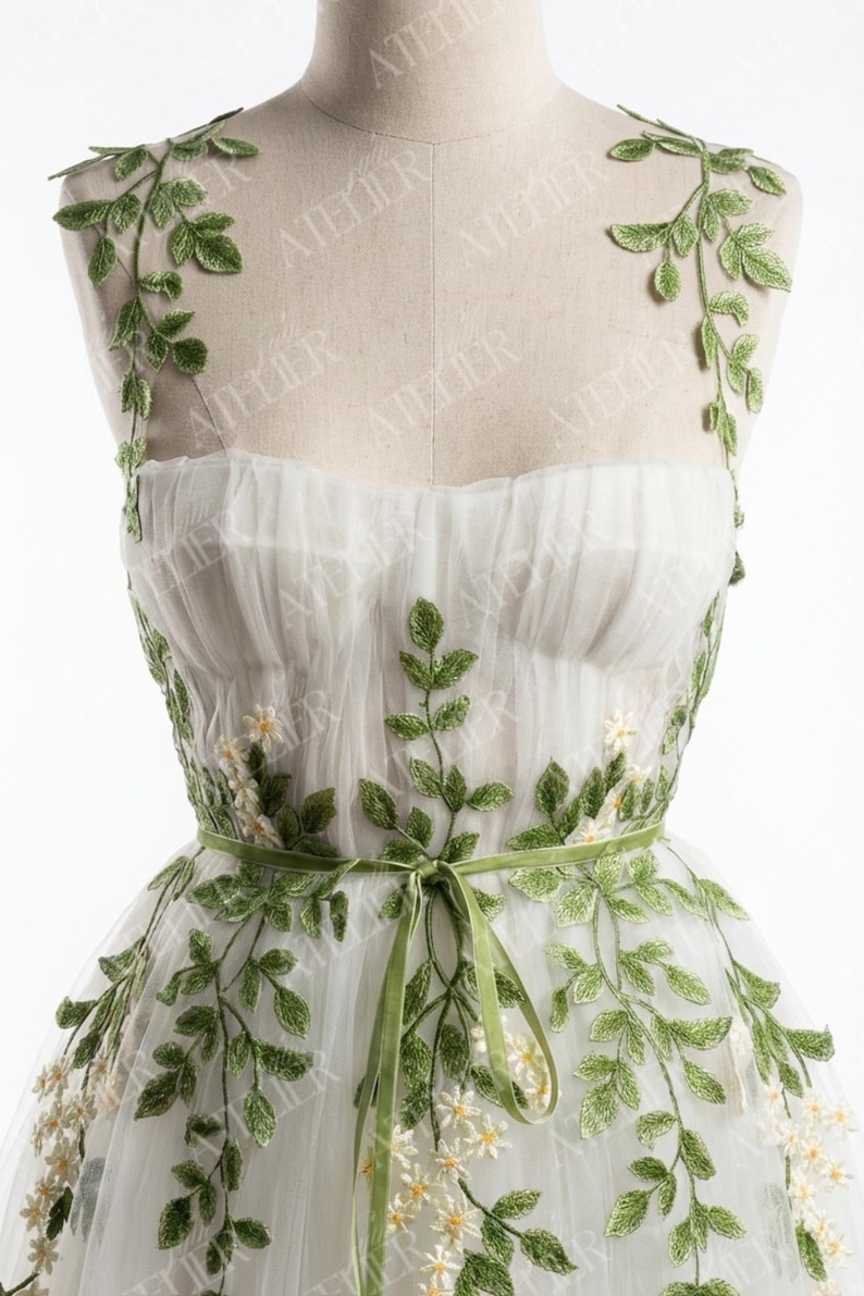 Unique Tulle A-line Wedding Dress, Botanical Ivy Green Leaf Appliqué ...