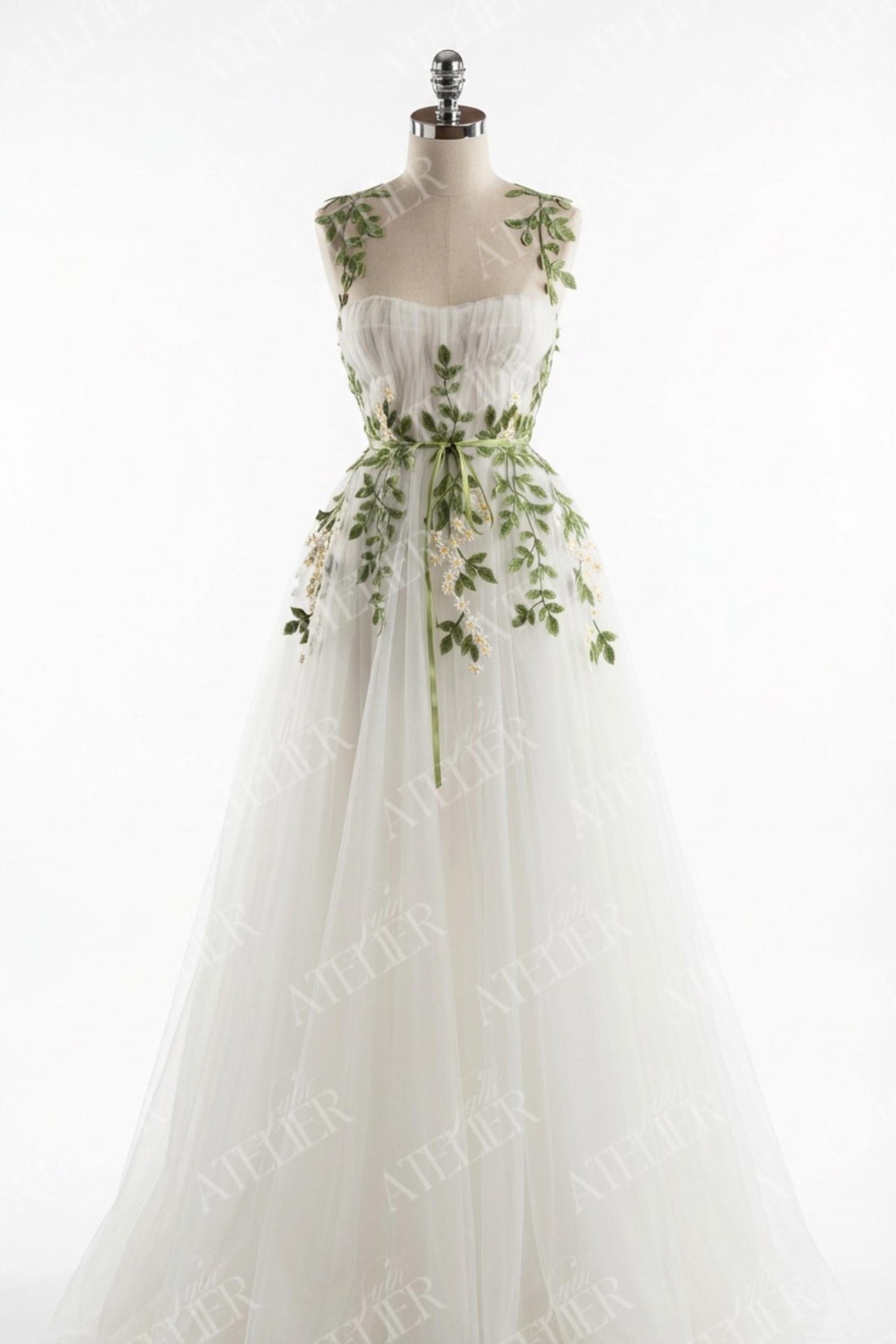 Unique Tulle A-line Wedding Dress, Botanical Ivy Green Leaf Appliqué ...