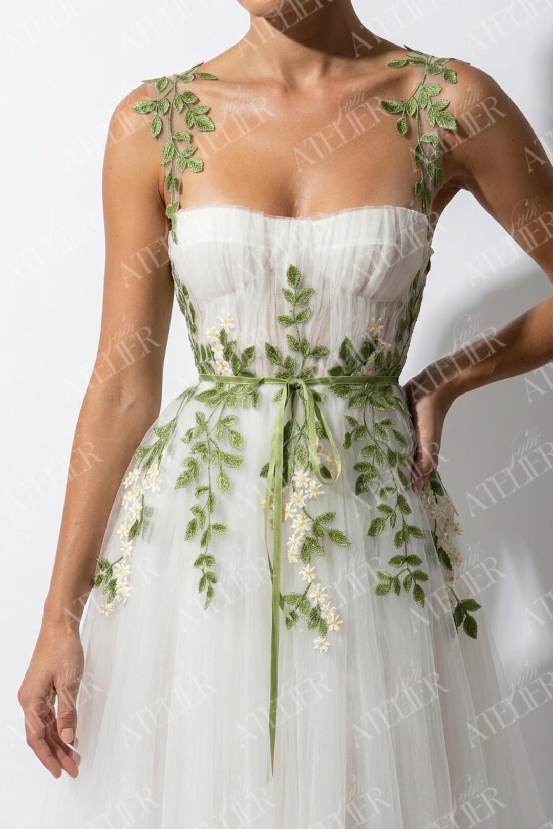 Unique Tulle A-line Wedding Dress, Botanical Ivy Green Leaf Appliqué ...