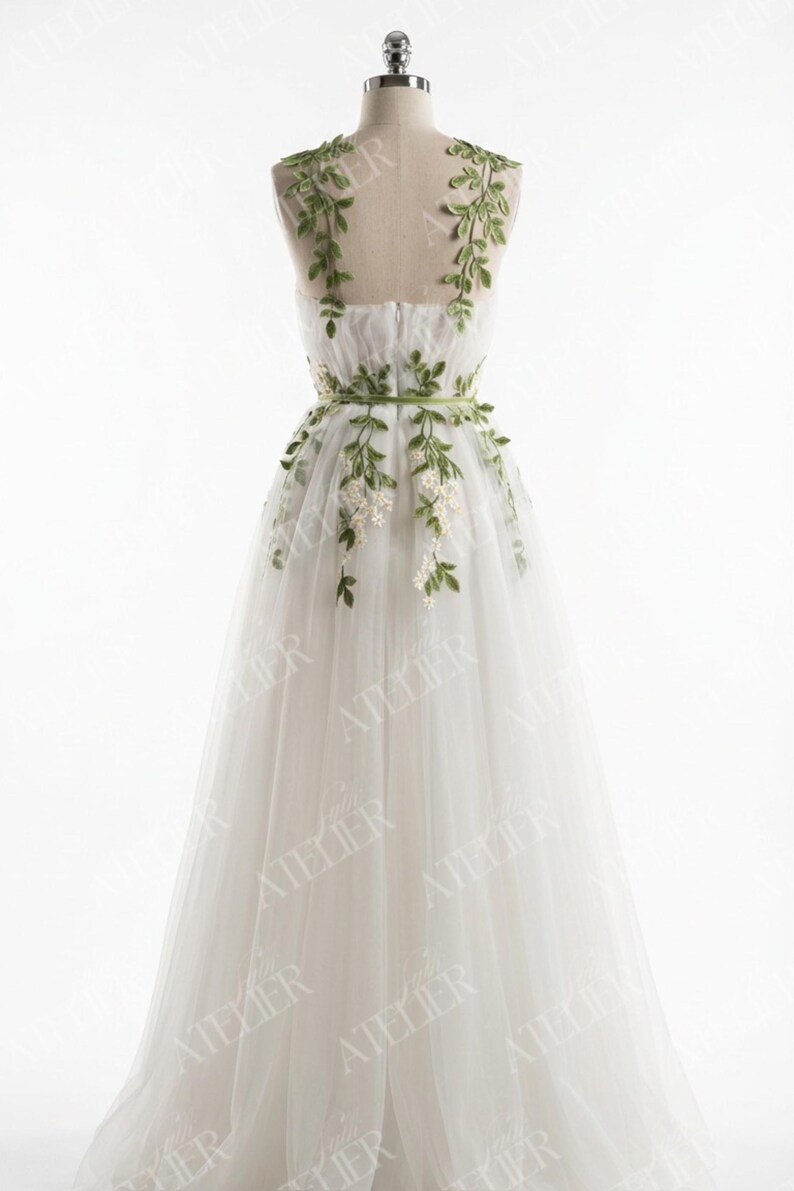 Unique Tulle A-line Wedding Dress, Botanical Ivy Green Leaf Appliqué ...