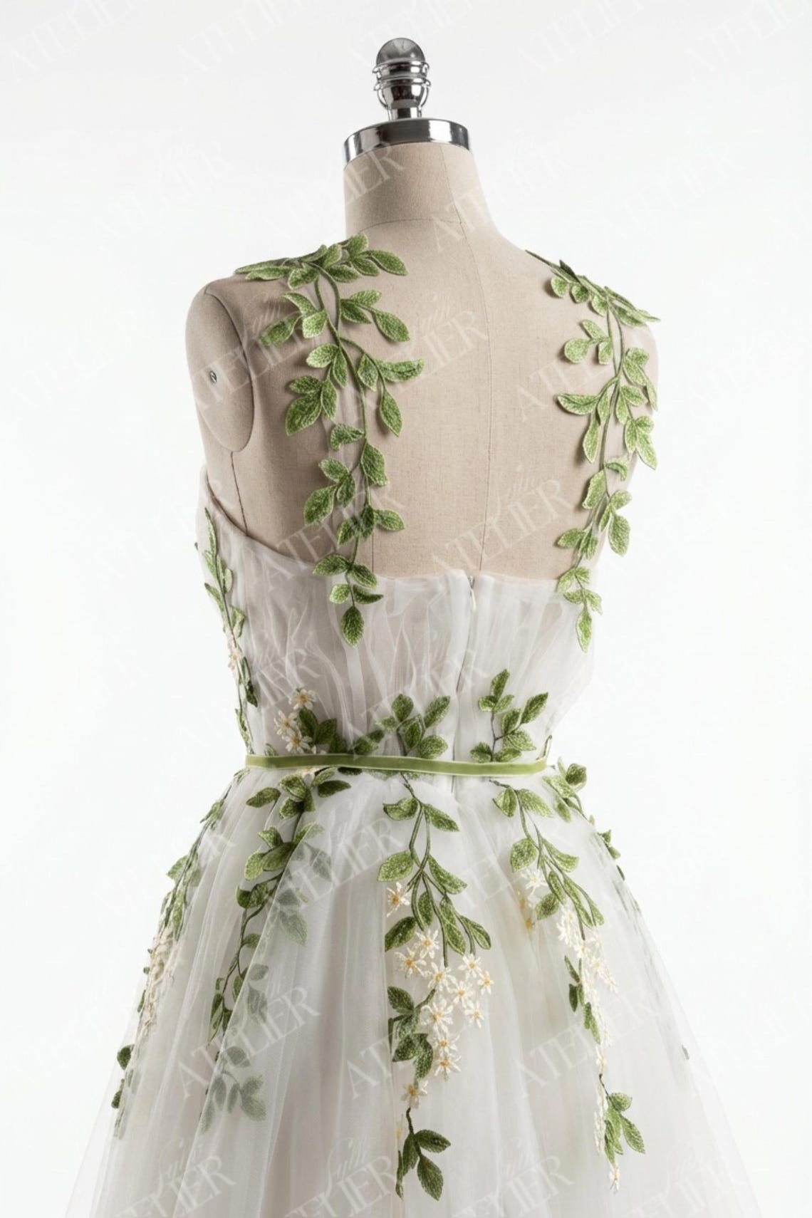 Unique Tulle A-line Wedding Dress, Botanical Ivy Green Leaf Appliqué ...