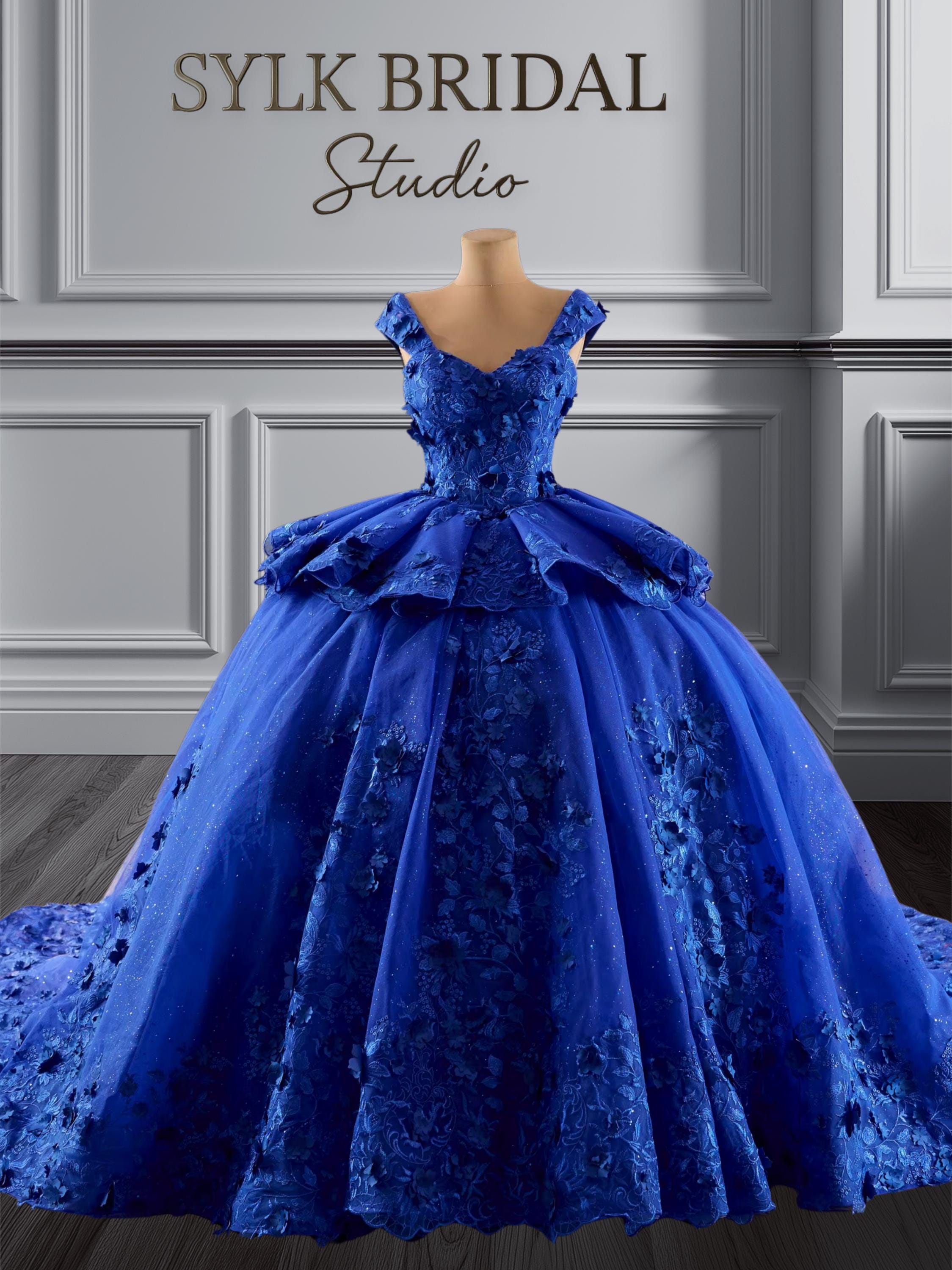 Blue Ball Gown Prom Dress, V Neck Floral Appliqué Evening Gown, Luxury ...