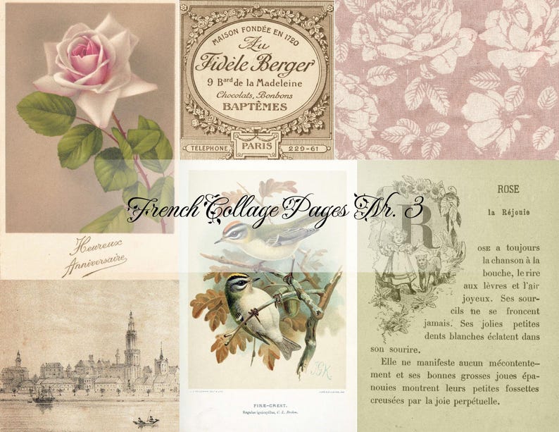 Green French Collage Kit No. 3 - Five Pages for Journal and Ephemera ...