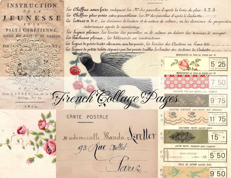Pink French Collage Kit No. 2 - Five Pages for Journals and Ephemera ...