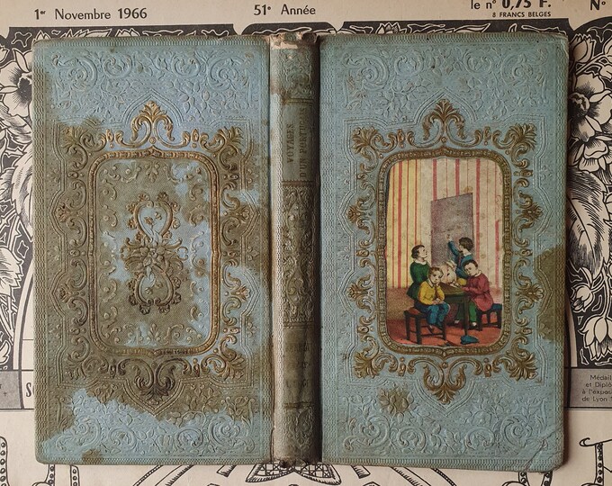 French Blue Antique Embossed Book Cover - Size: 7 1/2" X 4" From Around ...