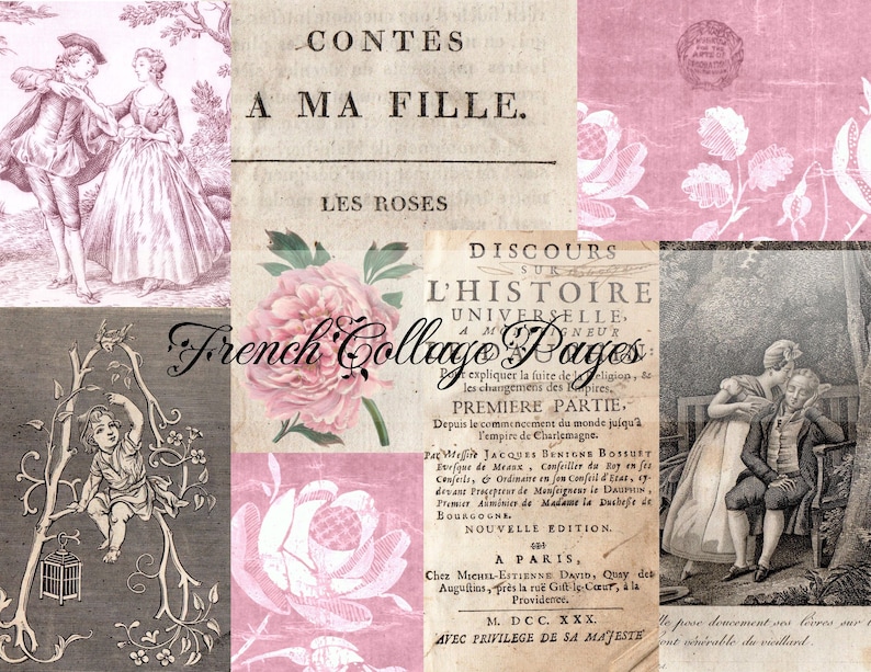 Pink French Collage Kit No. 2 - Five Pages for Journals and Ephemera ...