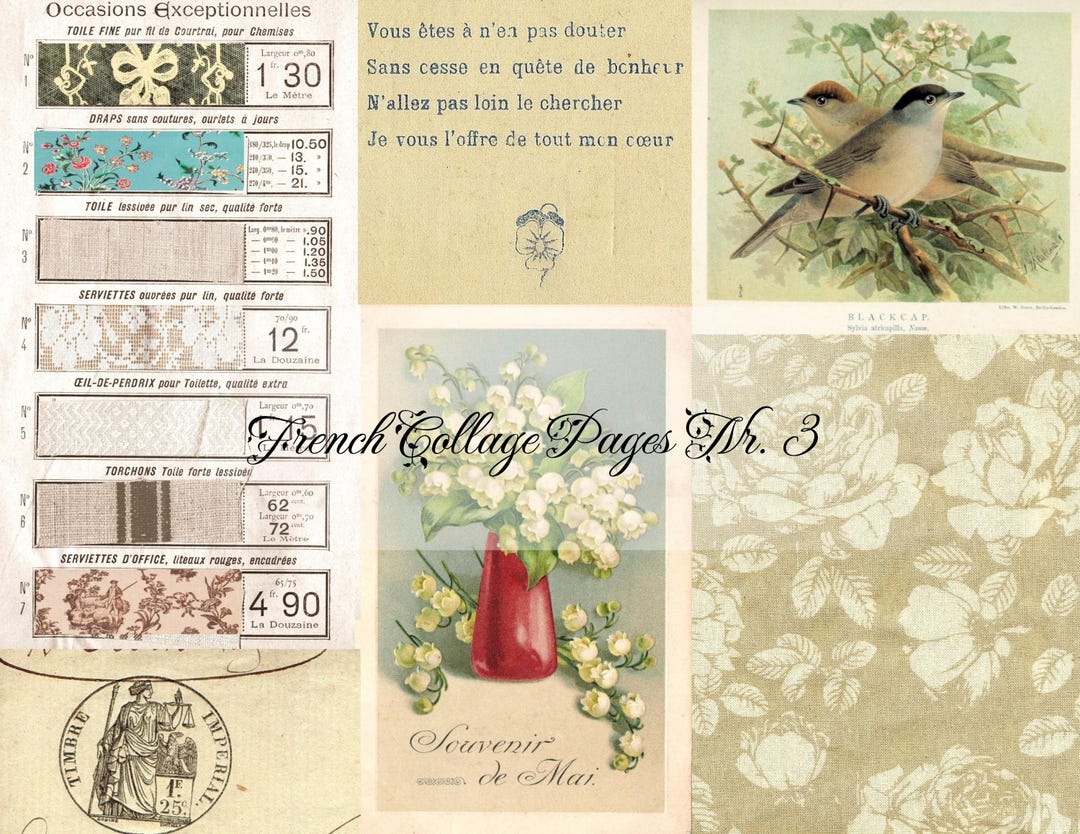 Green French Collage Kit No. 3 - Five Pages for Journal and Ephemera ...