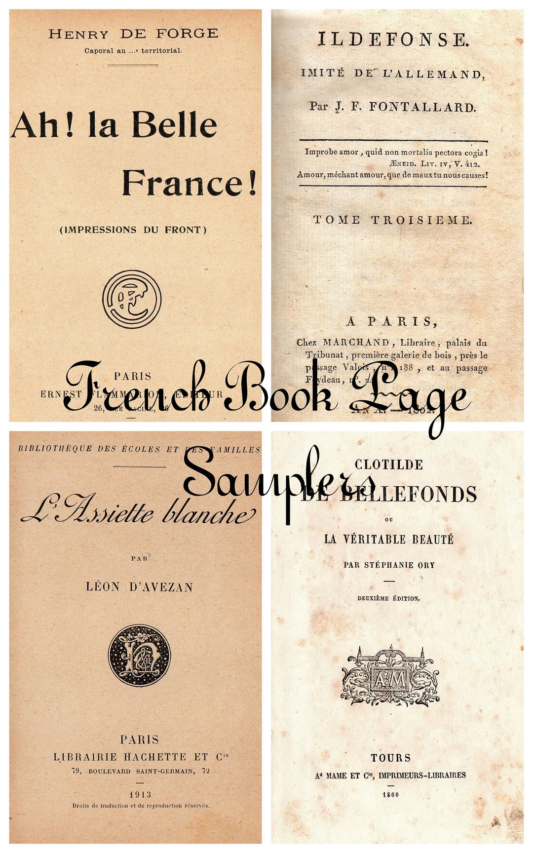 Two Sheets, Eight Different French Book Title Pages to Make Samplers ...