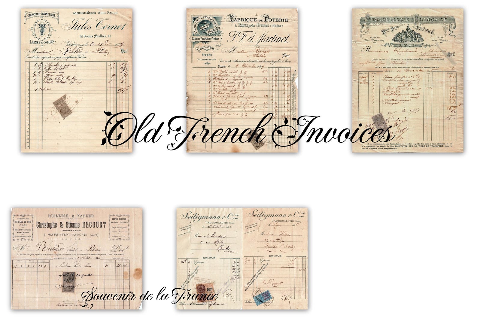 Ten Pages of Old French Invoices and Four Colorful Background Pages ...