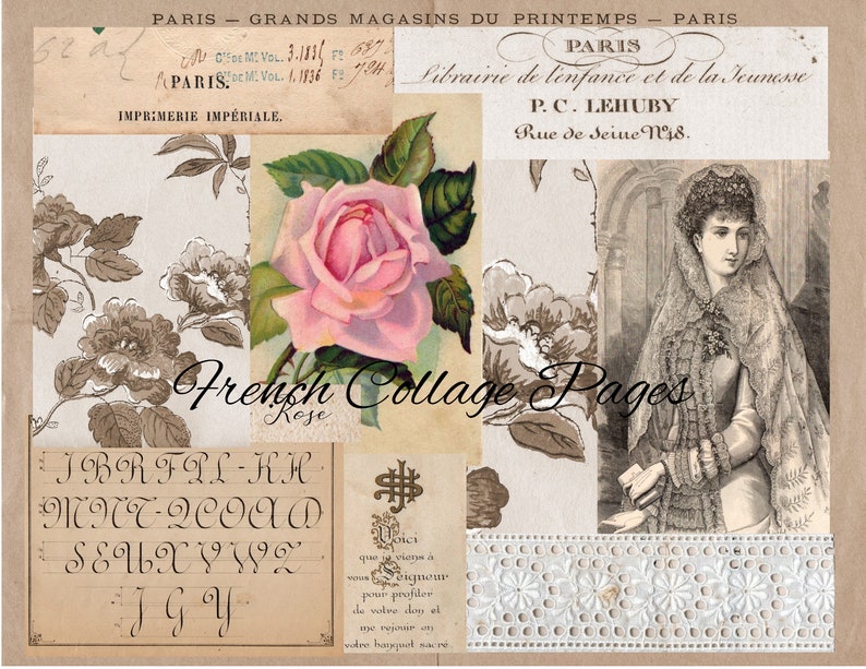 French Collage Kit No. 1 - Five Pages for Journal and Ephemera Making ...