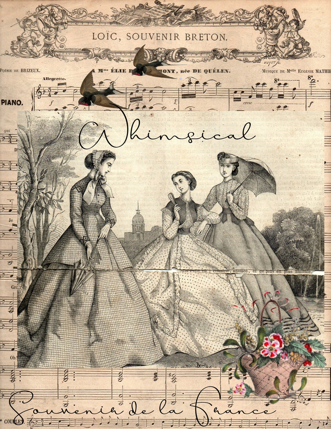Whimsical - 13 Pages of French Journal and Ephemera Pages - Slim Format ...