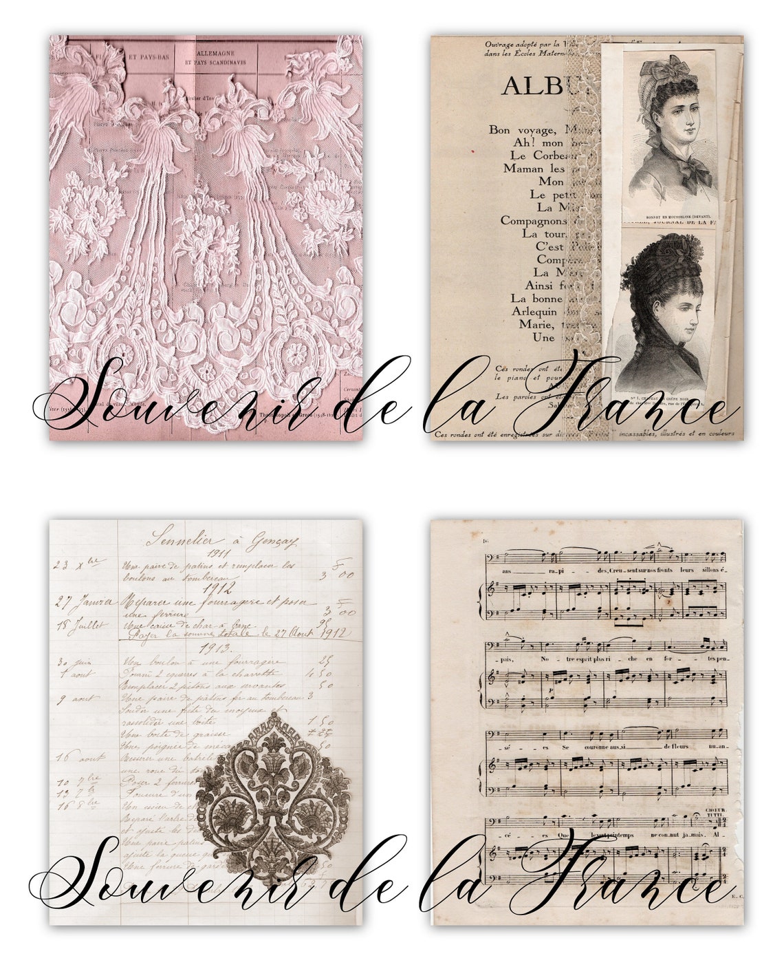 Delicate - 11 Pages of Pink and Sepia French Journal and Ephemera Pages ...