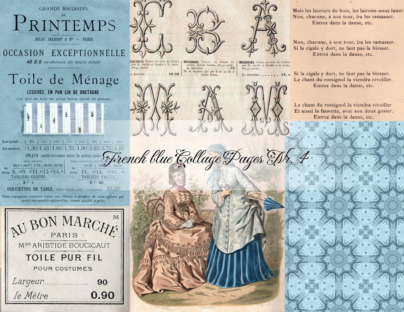 Blue French Collage Kit No. 4 - Ten Pages for Journals and Ephemera ...