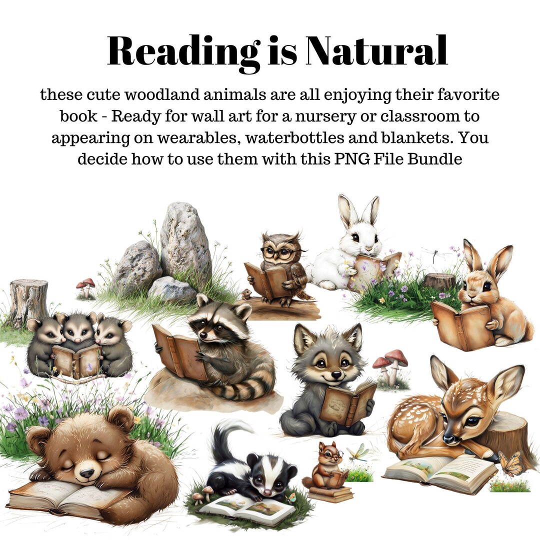 Woodland Animals Reading is Fun PNG Bundle, 17 Cute Little Critter ...