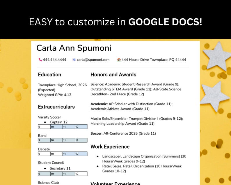 Google Docs High School Activities Resume Student Easy - Etsy