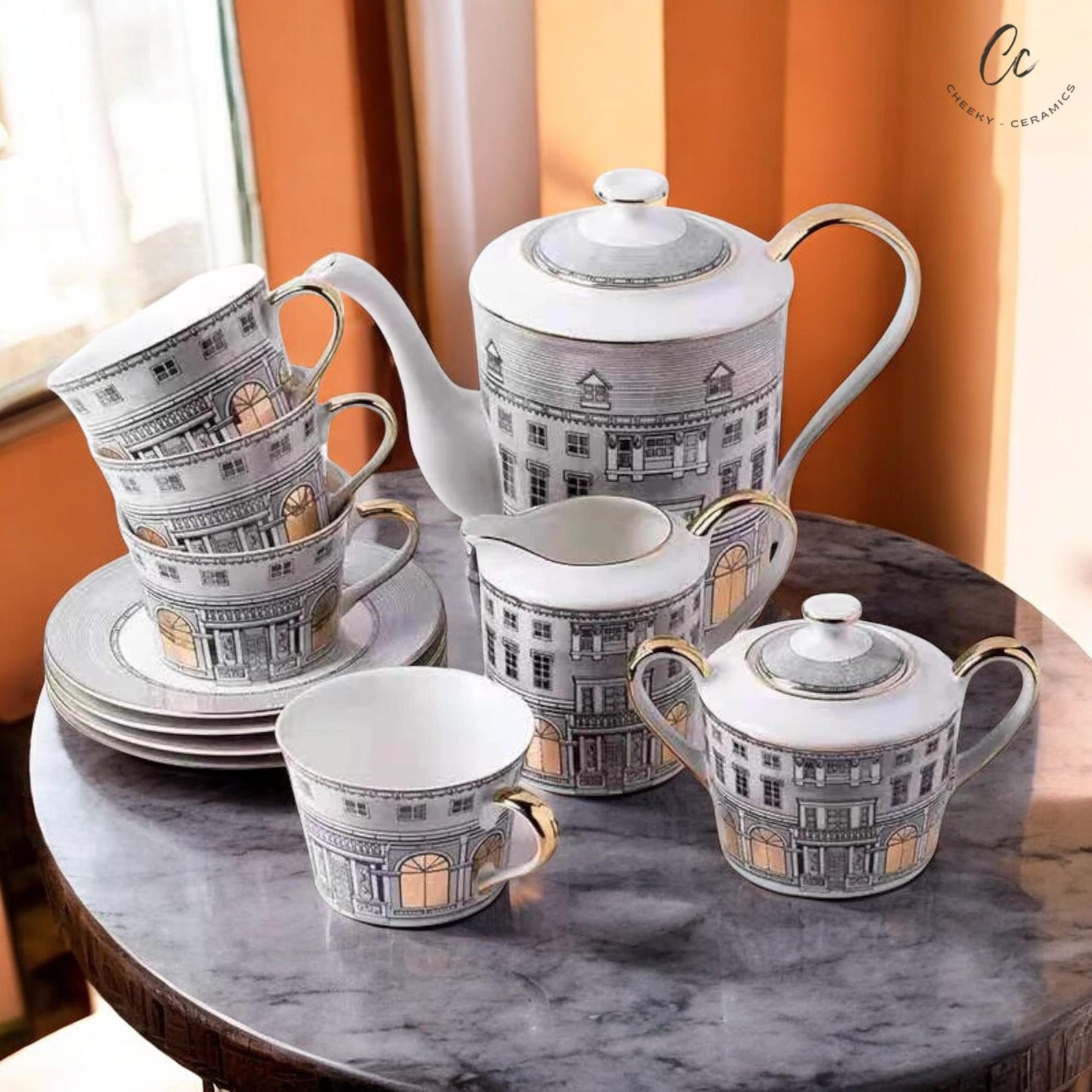 Retro Ceramic Coffee Cup & Teapot Set - Gorgeous Palace Building Series ...
