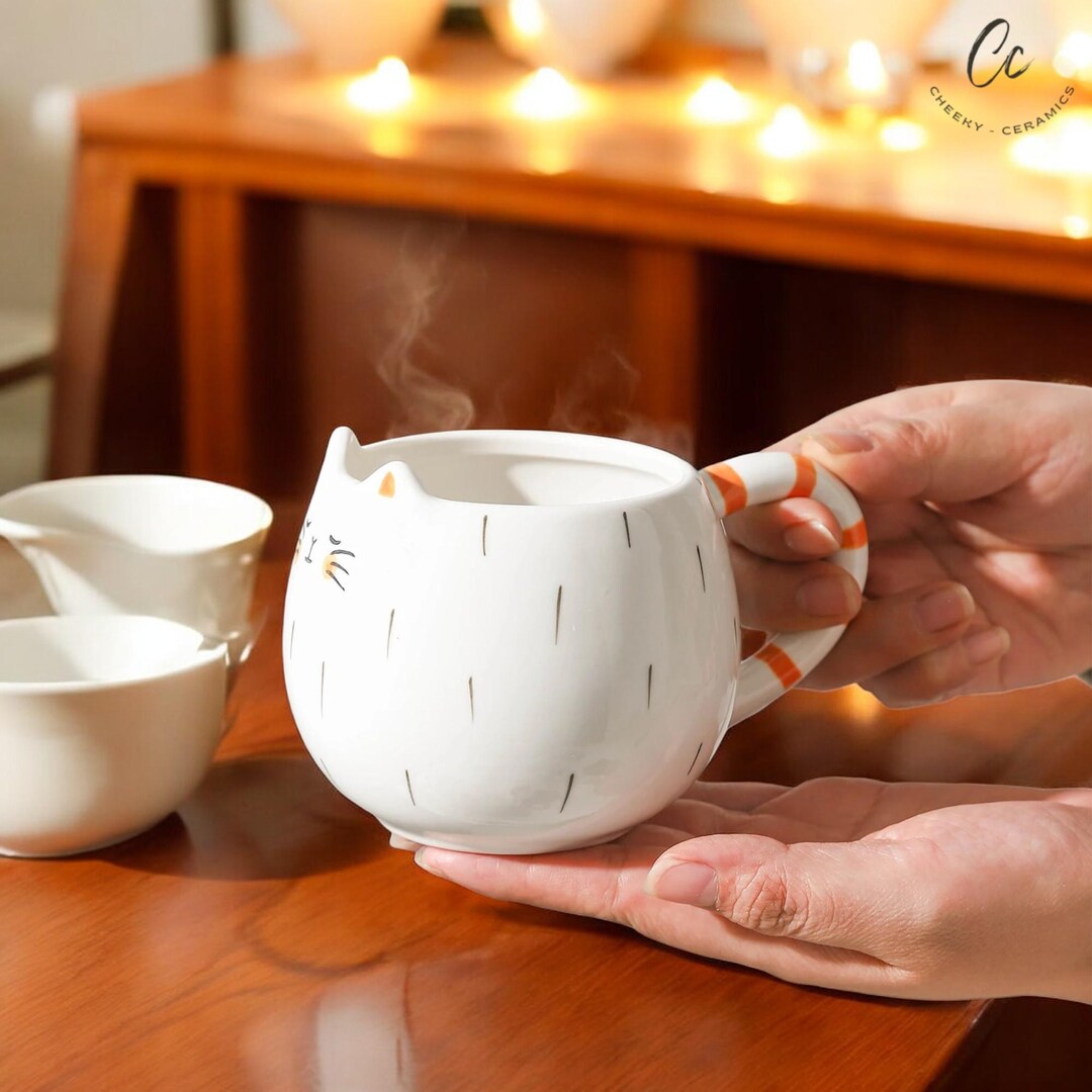 Cat Shaped Mug - Cute Ceramic Cup for Milk, Coffee & Water - 380ml/13oz ...