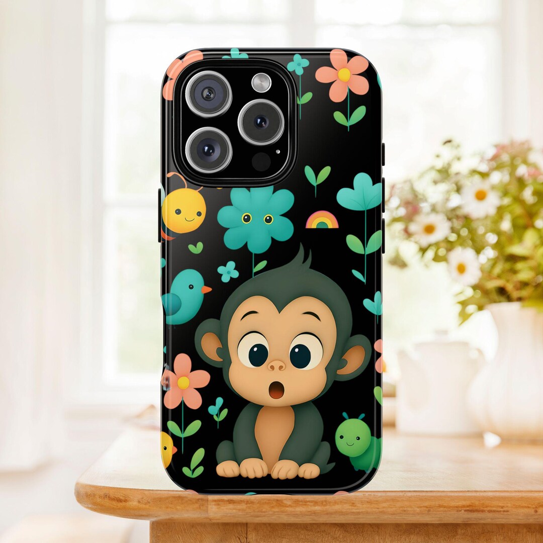 Cute Monkey Phone Case, Floral Design, Tough Case for Kids, Fun and ...