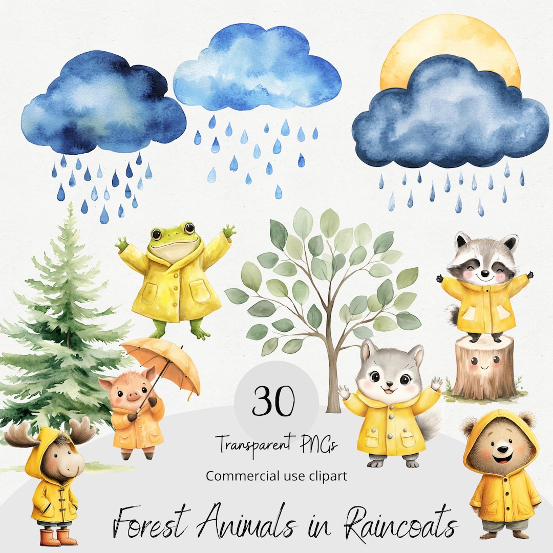 Cute Forest Animals in Raincoats, Rainy Day Clipart, Baby Woodland ...
