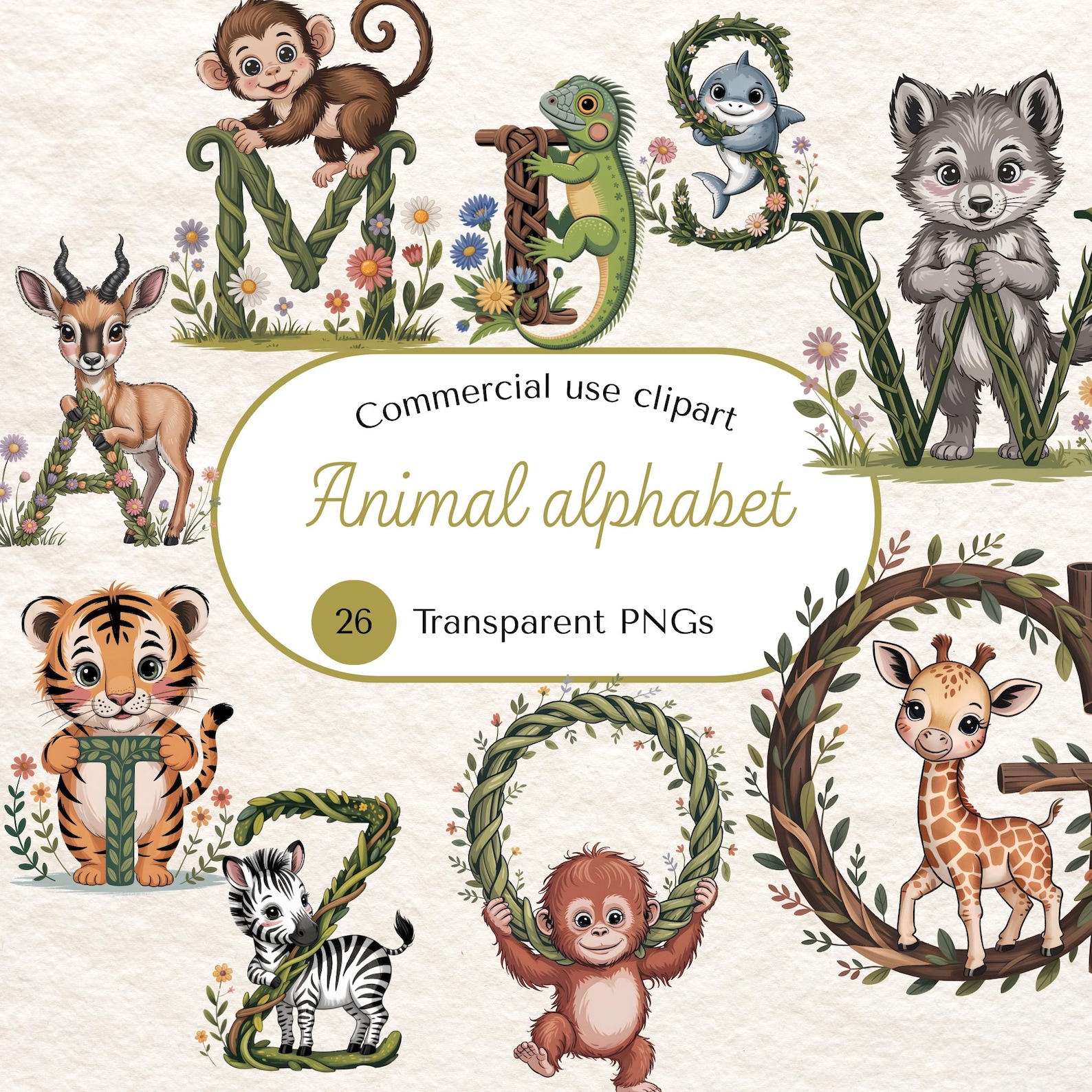 Animal Alphabet Clipart, Cute Abc Clip Art, Baby Nursery, Cute Animal ...