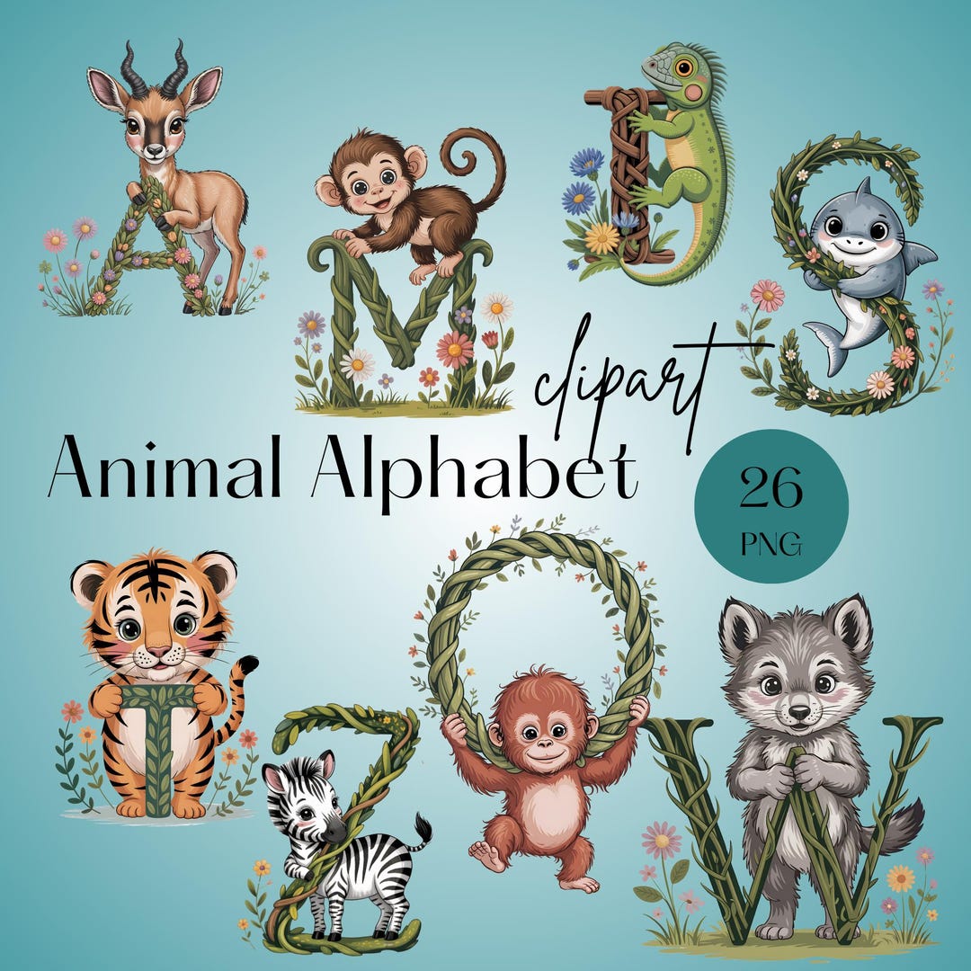 Animal Alphabet Clipart, Cute Abc Clip Art, Baby Nursery, Cute Animal ...