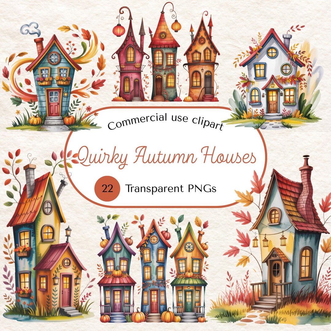 Watercolor Quirky Autumn Bundle Clipart, Quirky Autumn Houses, Fall ...