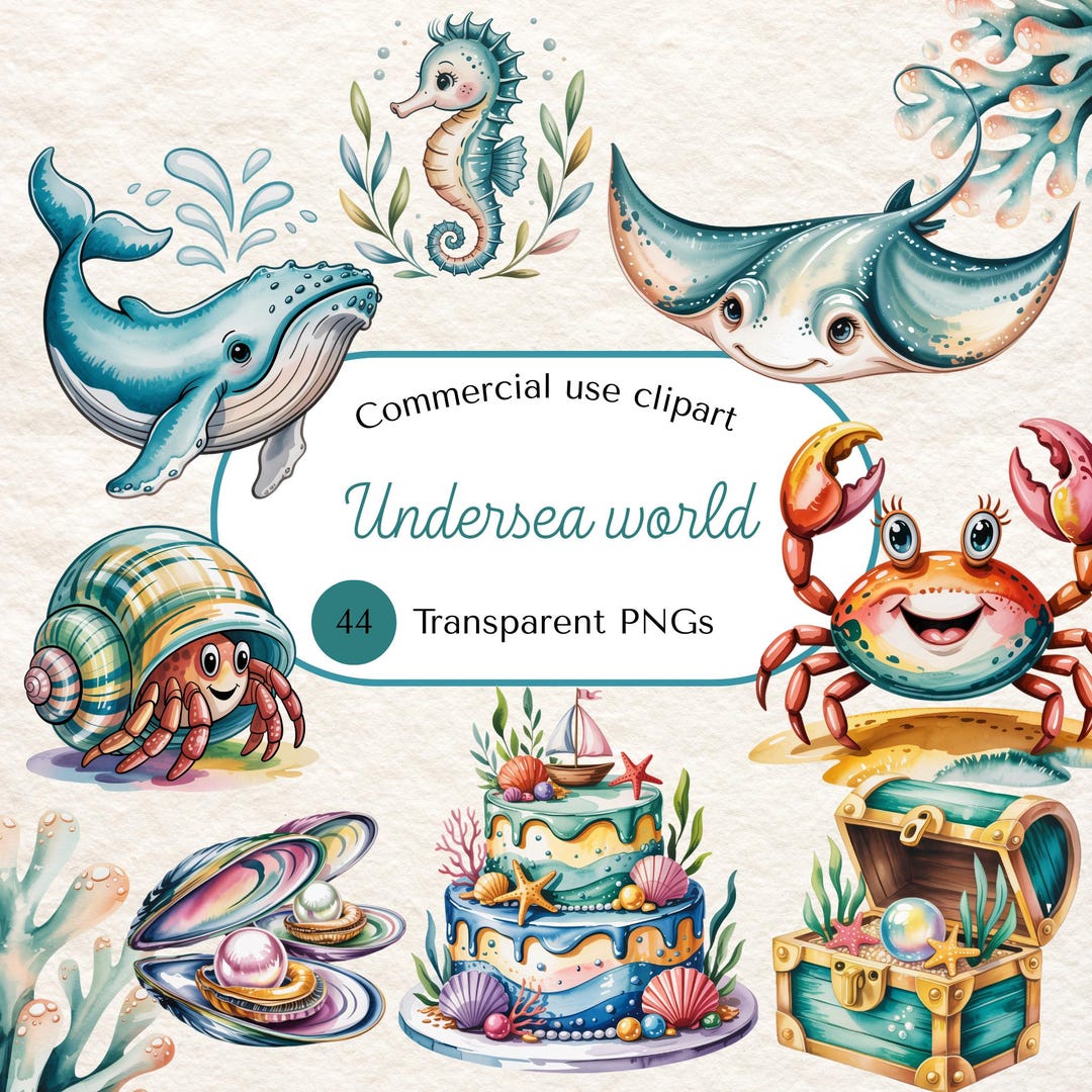 Watercolor Undersea Animals Clipart: 40 PNG Images, Nursery Decor ...