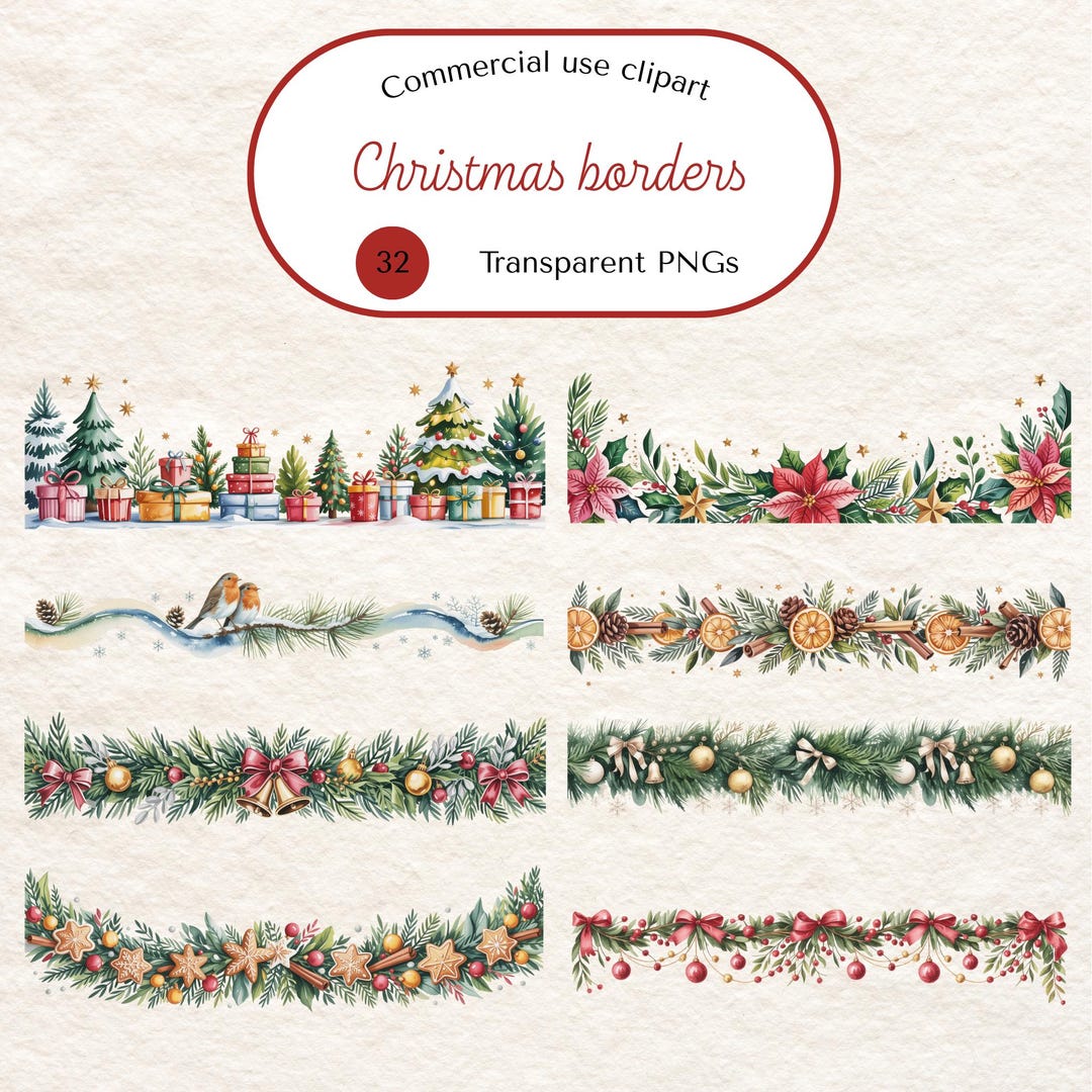 Christmas Garland Borders Clipart, Transparent Background Pngs, 32 ...