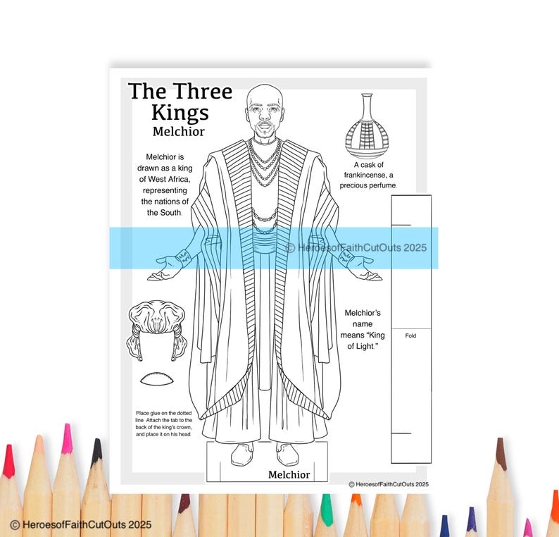 Melchior Paper Doll Coloring Page, Printable Nativity, New Testament ...