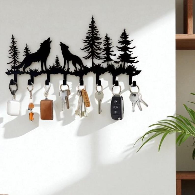 Rustic Mountain Key Holder: Metal Wolf & Forest Wall Organizer - Etsy UK