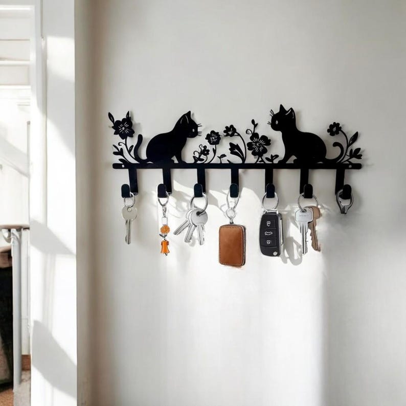 Metal Cat Key Holder: Decorative Wall Rack With Flower Accents - Etsy